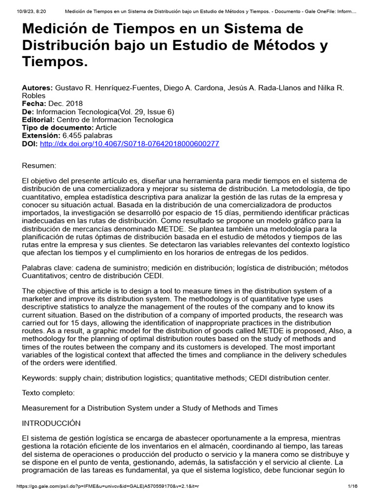 Medición De Tiempos En Un Sistema De Distribución Bajo Un Estudio De