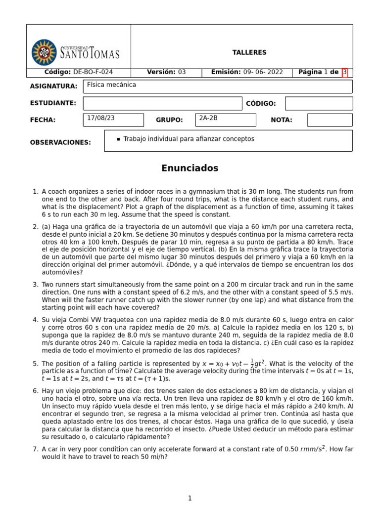 Taller 2 Mecánica Pdf Mecánica Velocidad