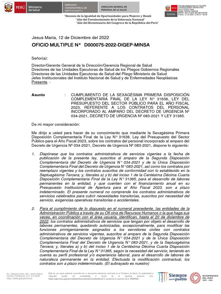 Oficio Multiple 075-2022-Digep Cas Du 034, 083. | PDF | Gobierno | Justicia