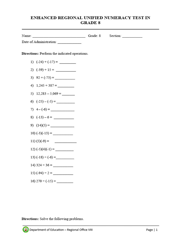Grade 8 Enhanced Numeracy Test | PDF