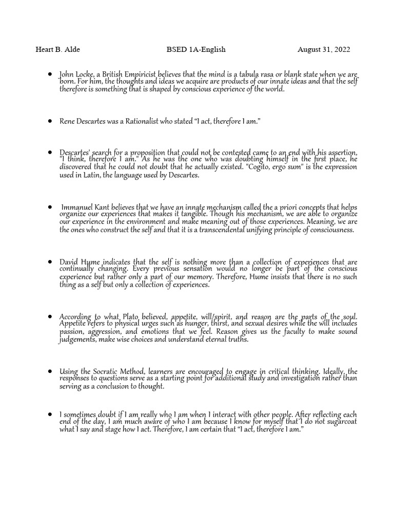 Assignment in Understanding The Self | PDF | René Descartes | John Locke