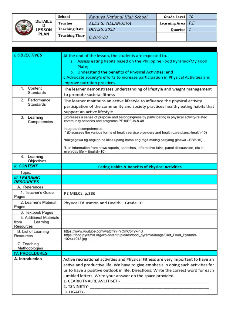 Class Observation Sample DLP | PDF | Physical Fitness | Learning
