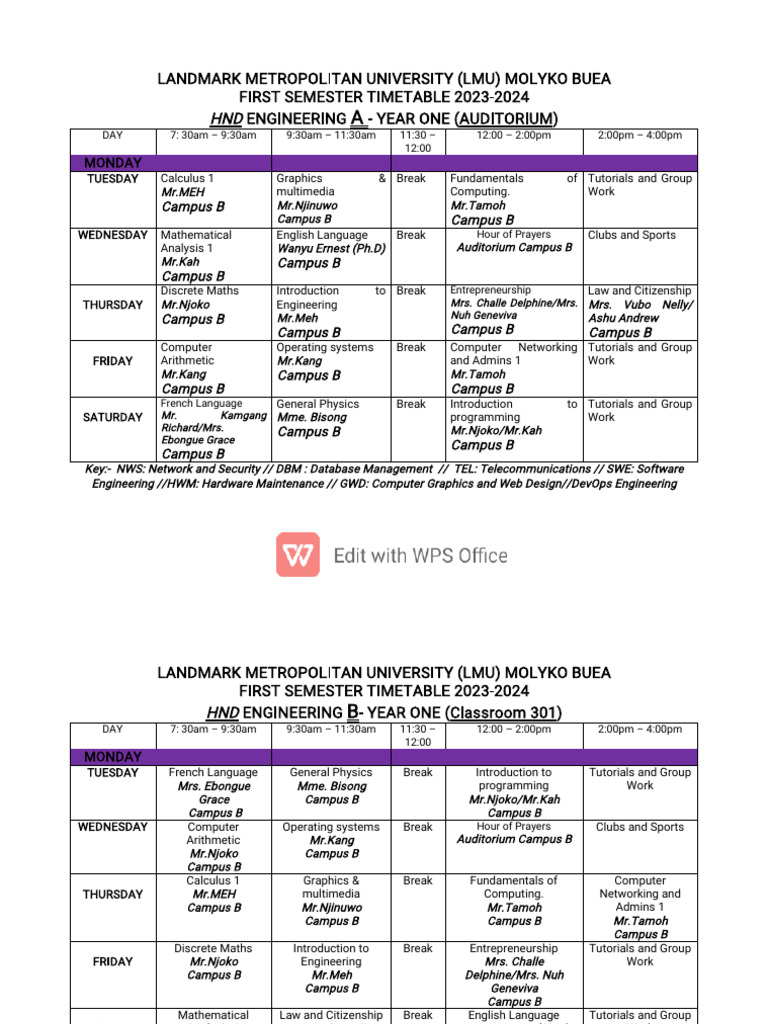 Engineering Year I Updated Timetable | PDF | Mathematics | Discrete ...