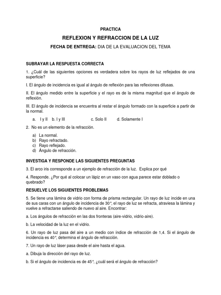 Reflexión y Refracción de la Luz | PDF