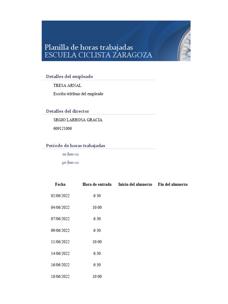 Planilla de Horas Trabajadas | PDF