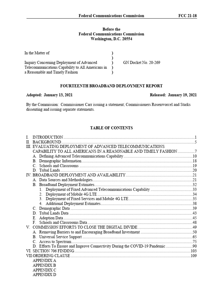 FCC - 2021 - Fourteenth Broadband Development Report | PDF | Federal ...
