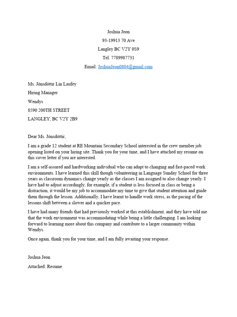 Cover Letter - Fast Food Attendant | PDF
