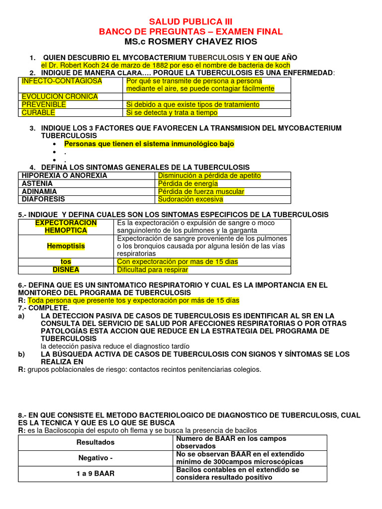 Banco de Preguntas Examen Final | PDF | Desorden alimenticio | Tuberculosis