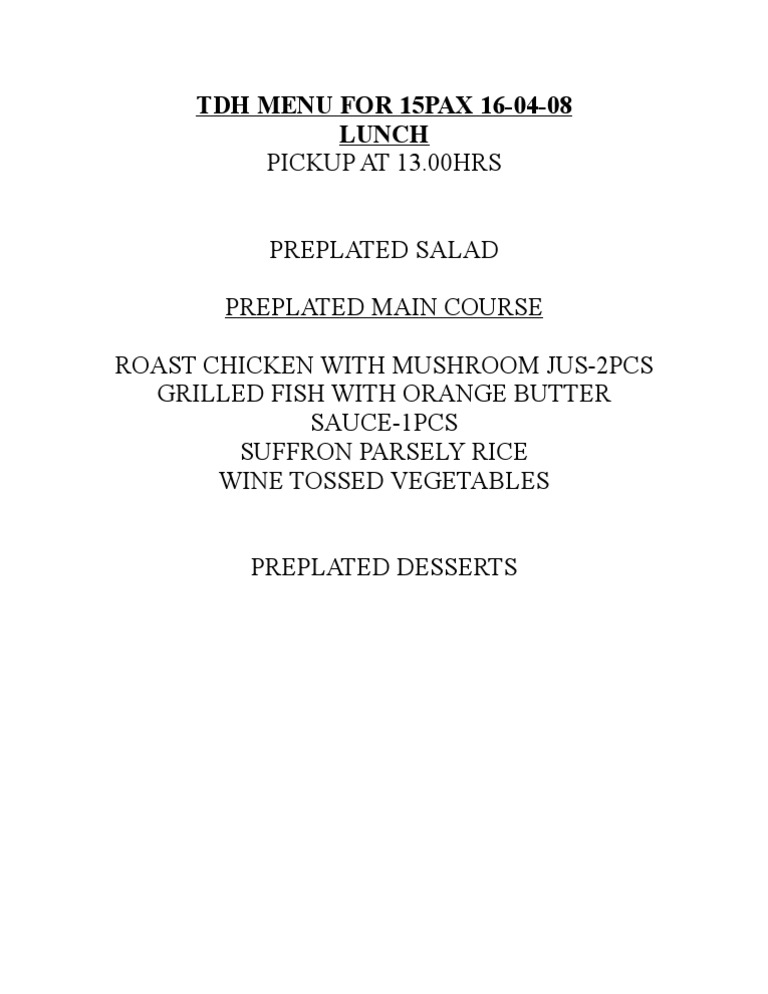 TDH Menu For 15pax 16 | PDF