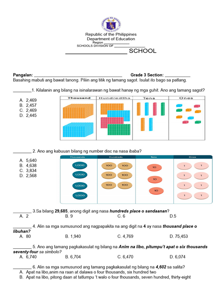 G3 Math Q1 Periodical Test 1 | PDF