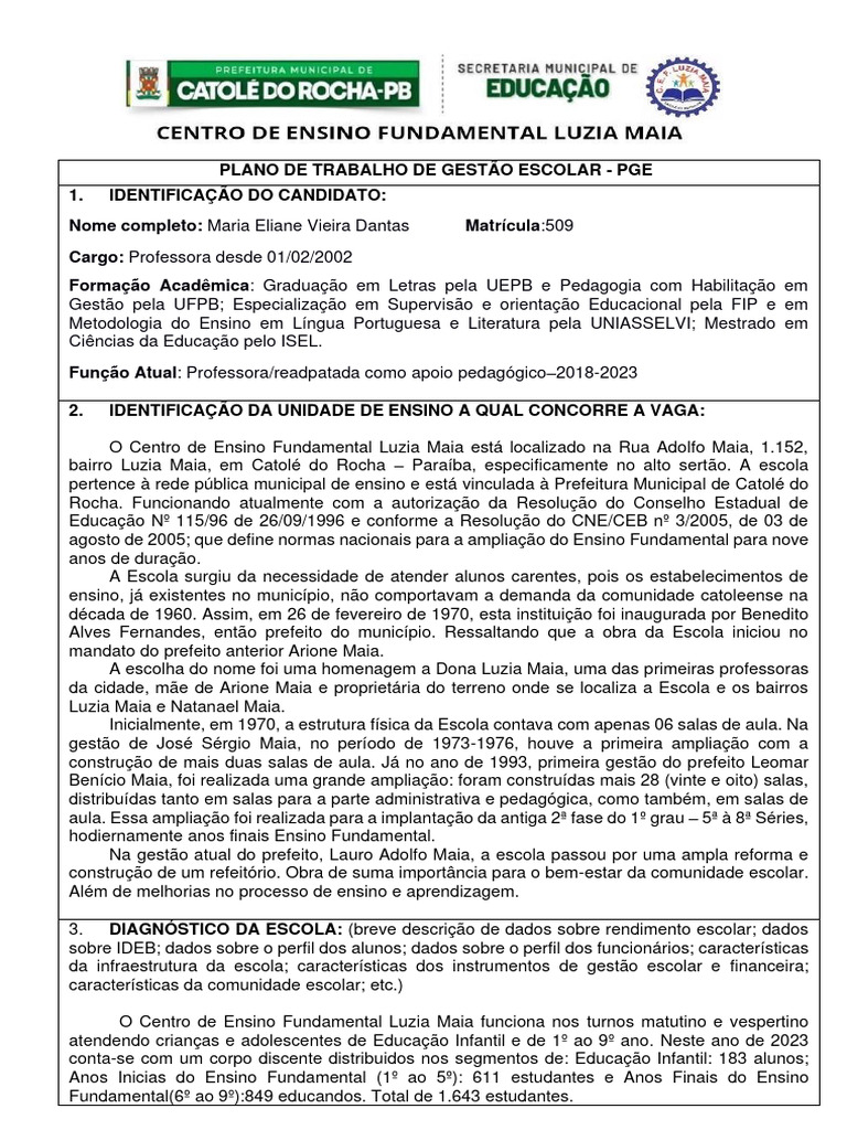 Modelo de Plano de Trabalho de Gestão Escolar | PDF | Pedagogia | Escolas Modelo de Plano de Trabalho de Gestão Escolar | PDF | Pedagogia | Escolas