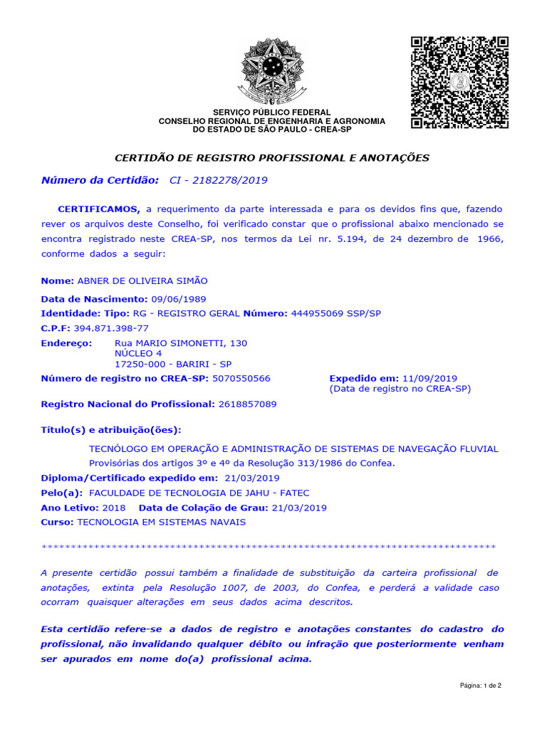 Certidão do CREA SP | PDF
