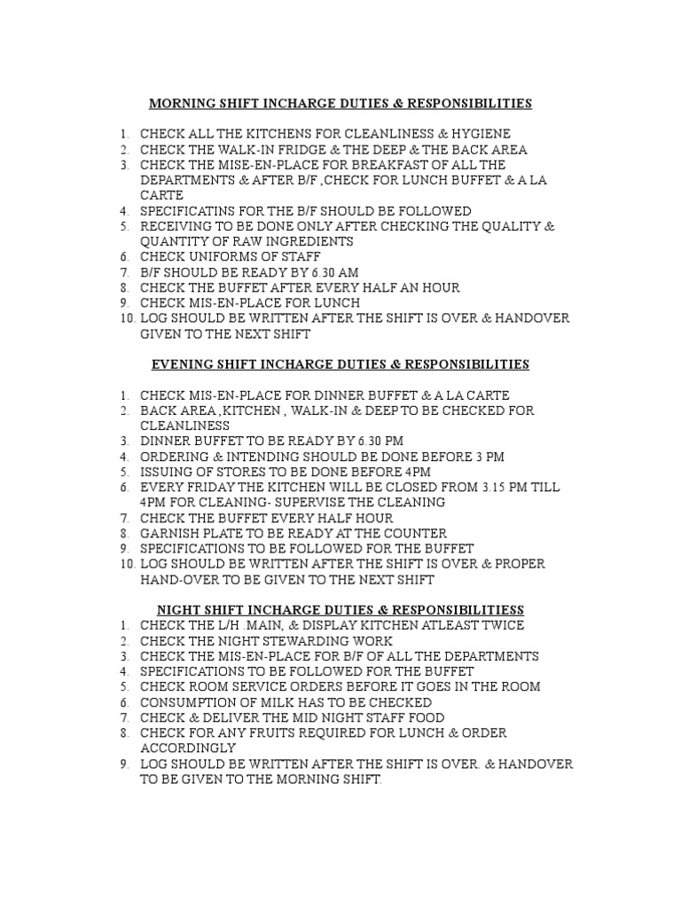 Shift Duties & Responsibilities | PDF