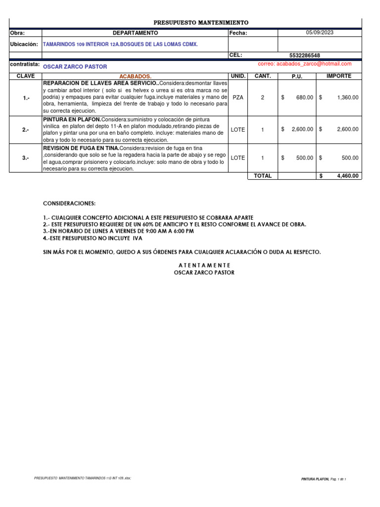 Presupuesto Pintura En Plafon Tamarindos 112 Int 109 Pdf 2856