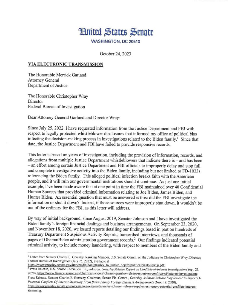 Chuck Grassley Letter | PDF | Federal Bureau Of Investigation | American Government