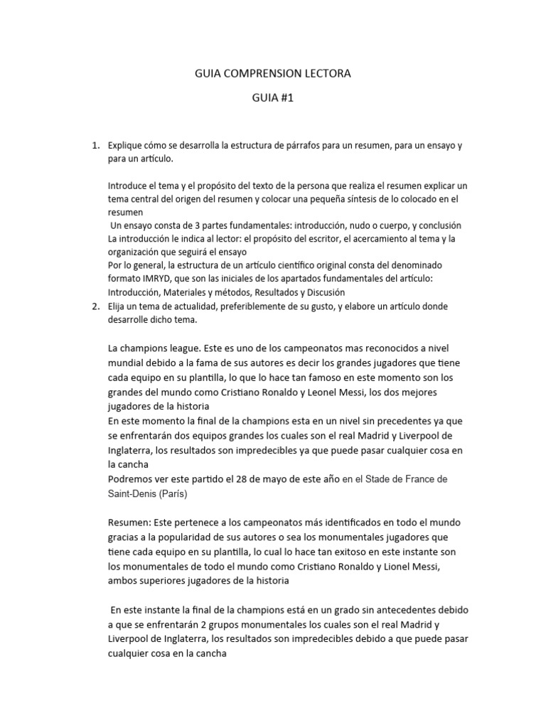 Guia Comprension Lectora | PDF | Liga de Campeones de la UEFA | Ensayos