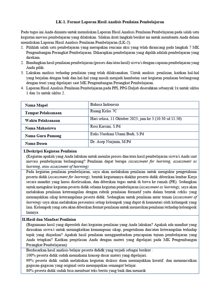 Format Hasil Asesmen Pembelajaran-Rosi Karsini, S.PD | PDF