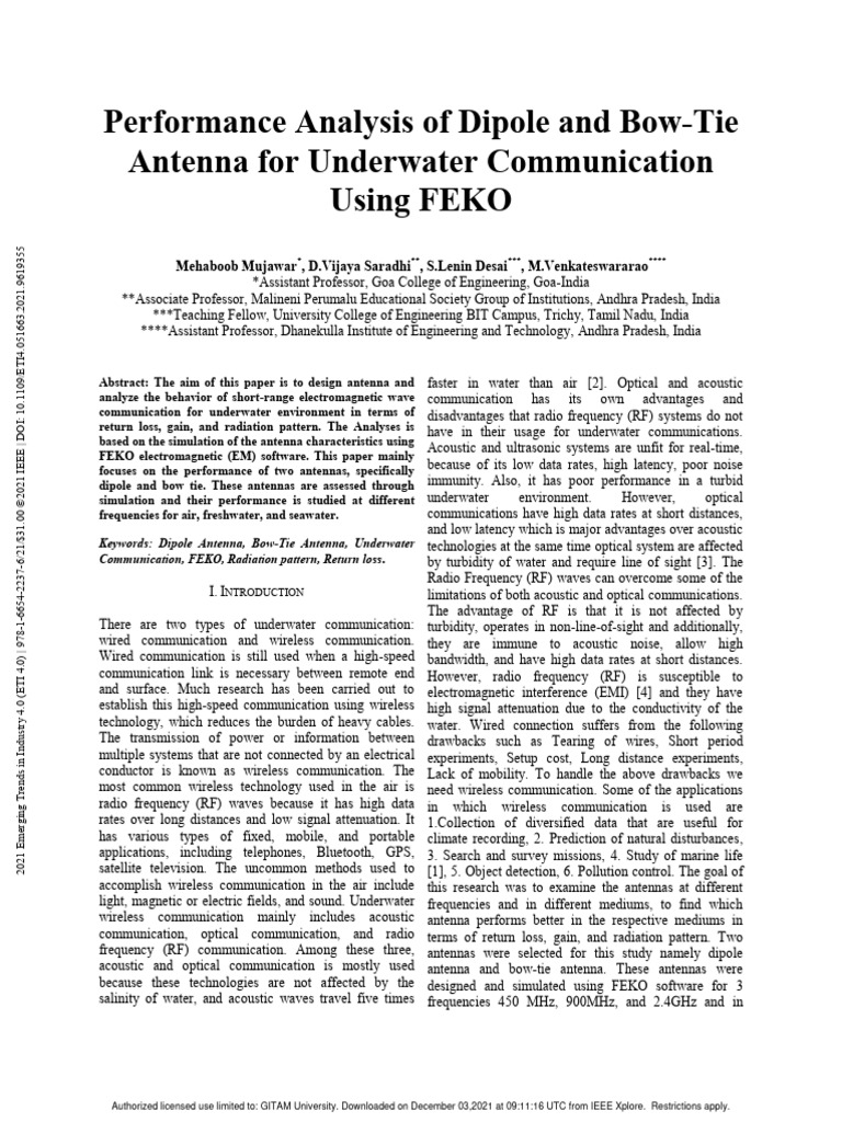 Performance Analysis of Dipole and Bow-Tie Antenna For Underwater ...