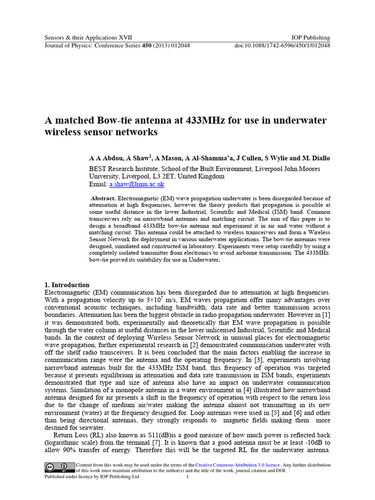 A Matched Bow-Tie Antenna at 433MHz For Use in Und | PDF | Permittivity ...