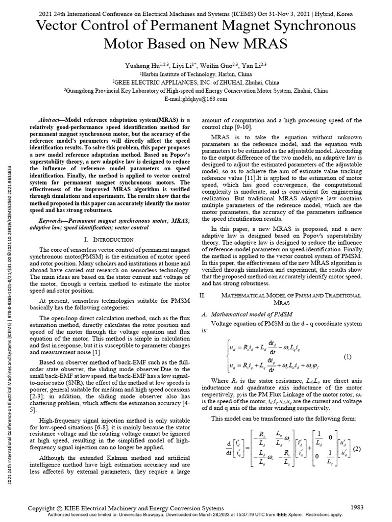 MRAS for PMSM Vector Control | PDF | Electric Motor | Inductance