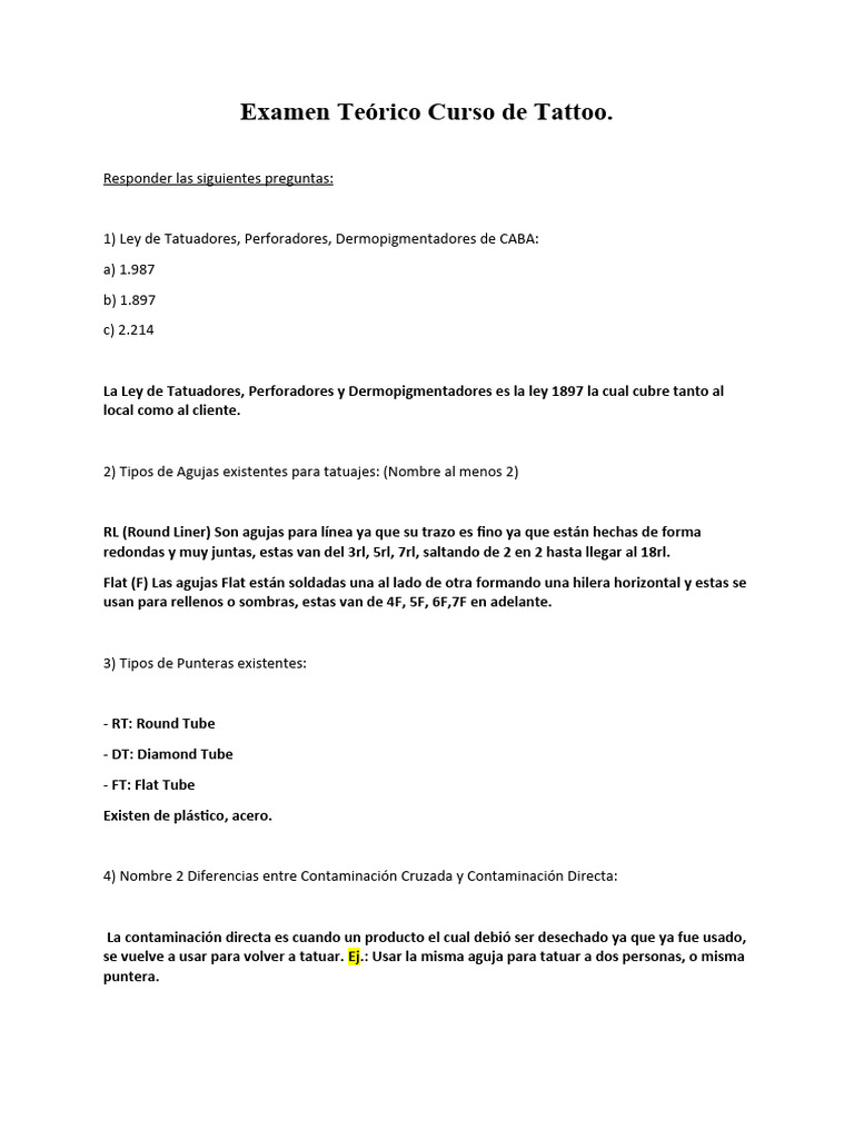 Examen Teórico Curso de Tattoo - Bianca Jazmin Rodriguez | PDF