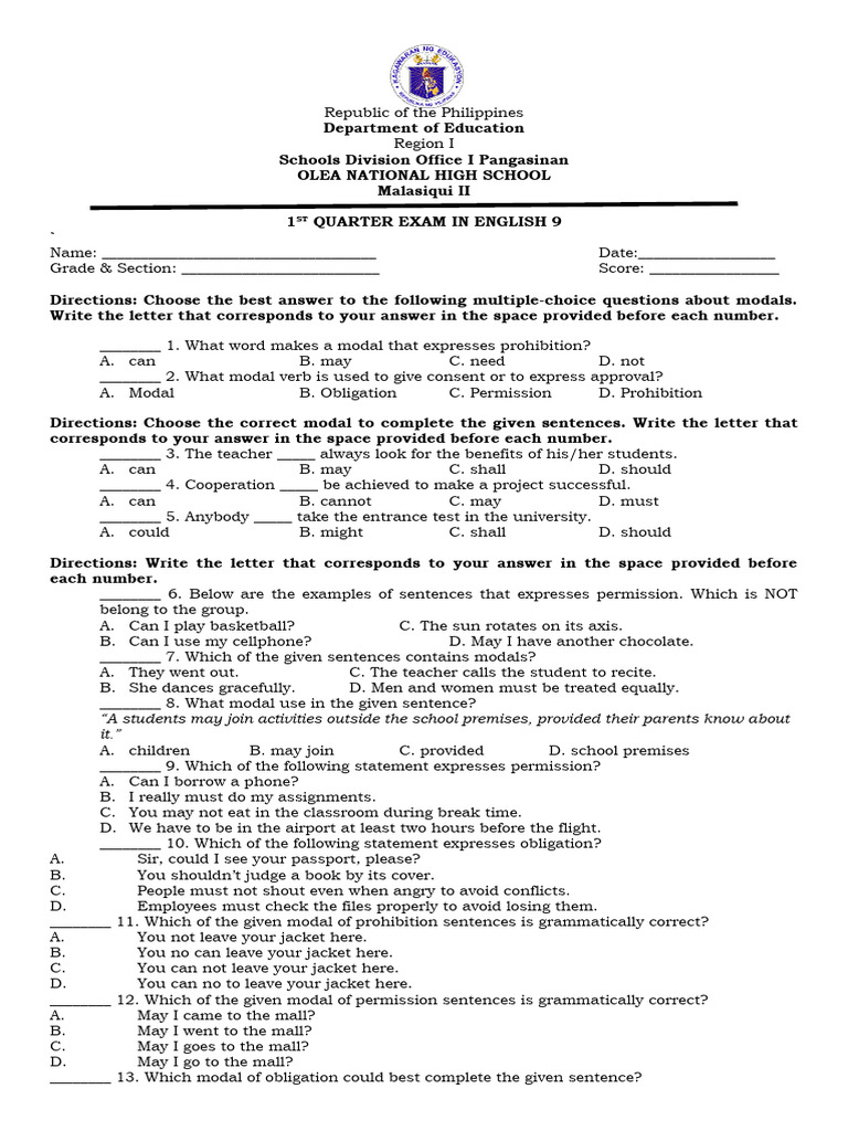 First Quarter Exam In English 9 Pdf Human Communication Syntax