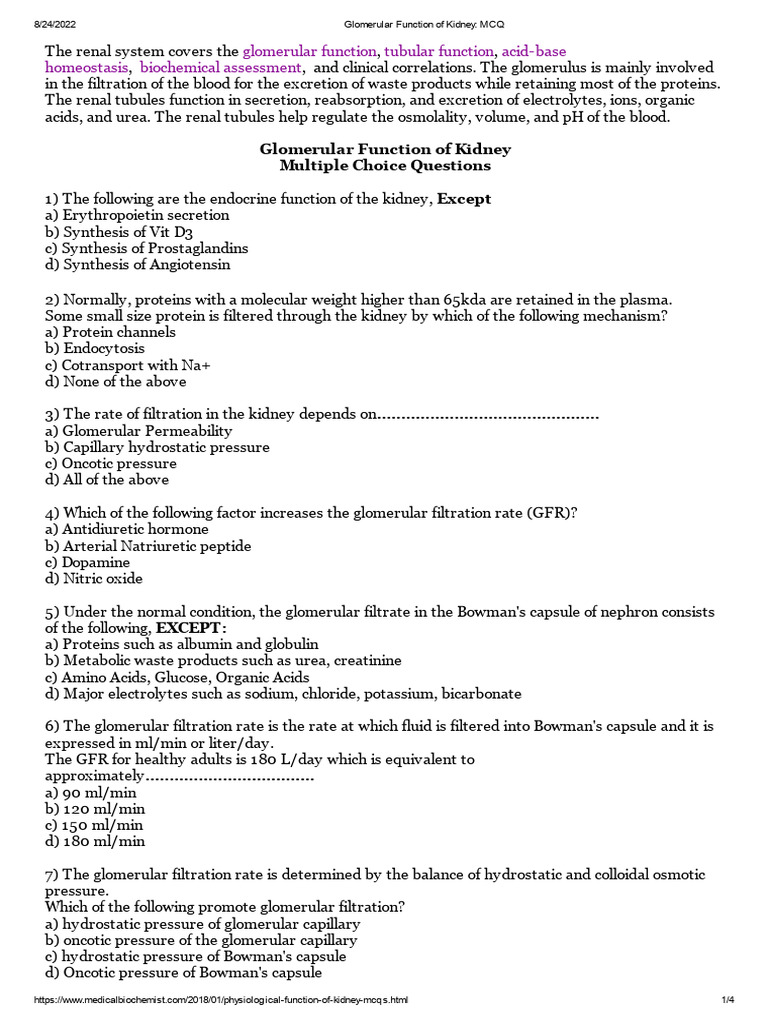 Glomerular Function: Key MCQs | PDF | Kidney | Angiotensin