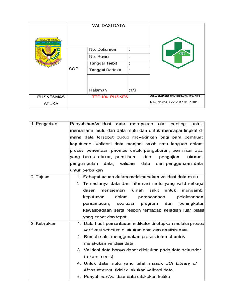 513 Sop Validasi Data Puskesmas | PDF