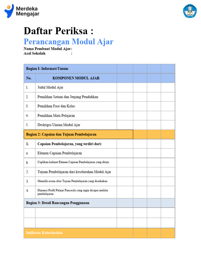 Daftar Periksa Perancangan Modul Ajar | PDF