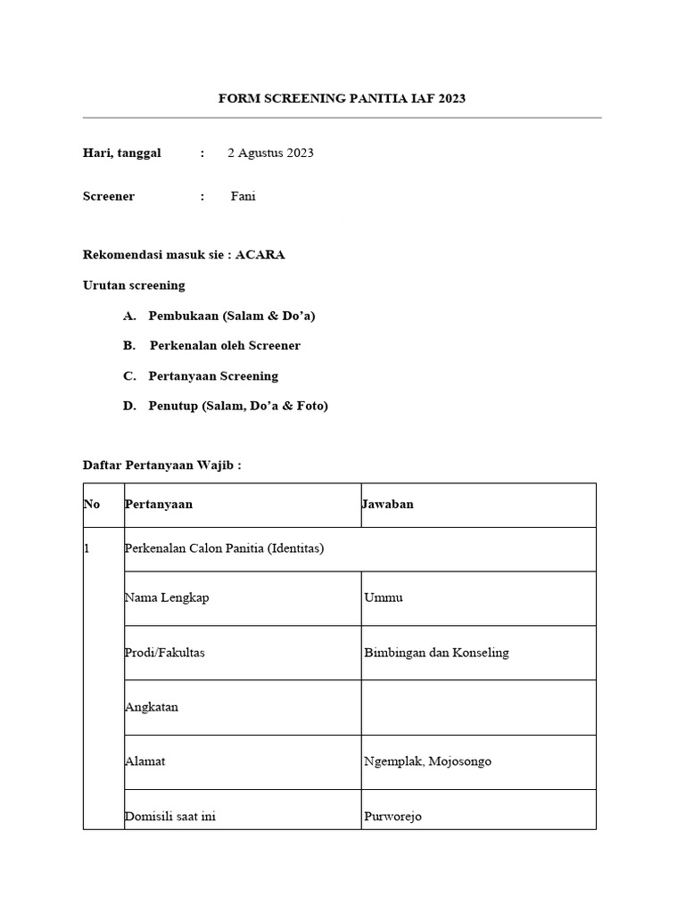 Form Screening Panitia Iaf Ummu | PDF