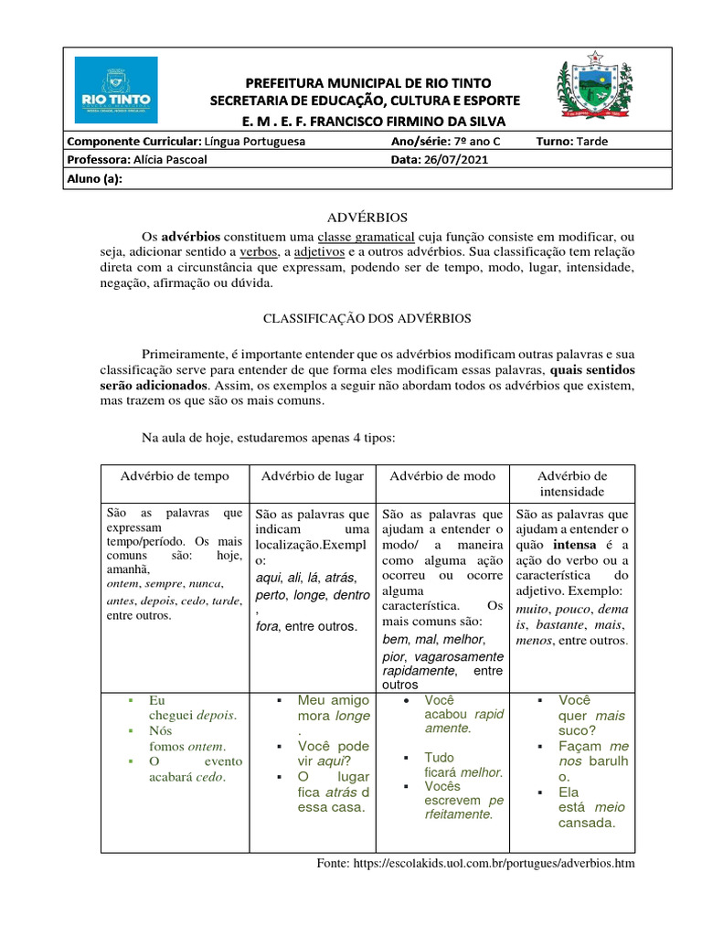 Texto e atividade sobre advérbios parte 2 | PDF | Advérbio