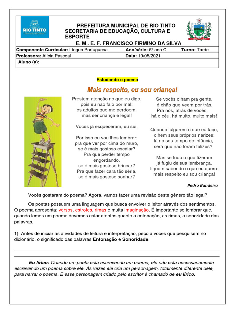 Atividade Poema - Sétimo Ano | PDF | Poesia