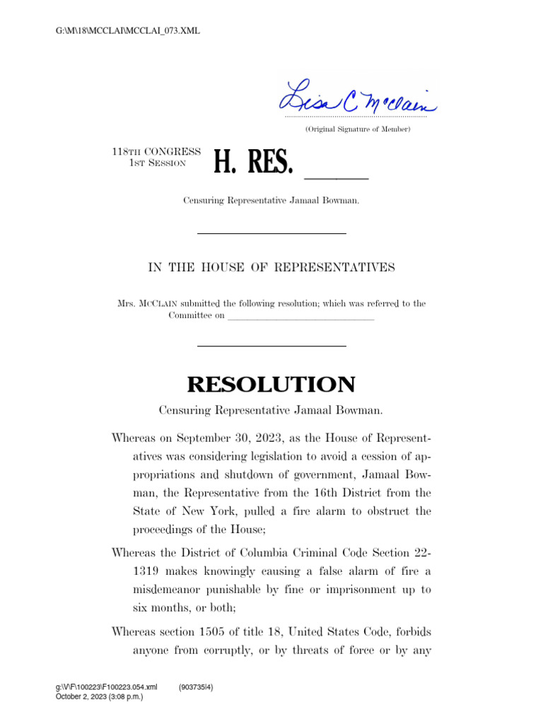 Text of Resolution Censuring Jamaal Bowman | PDF