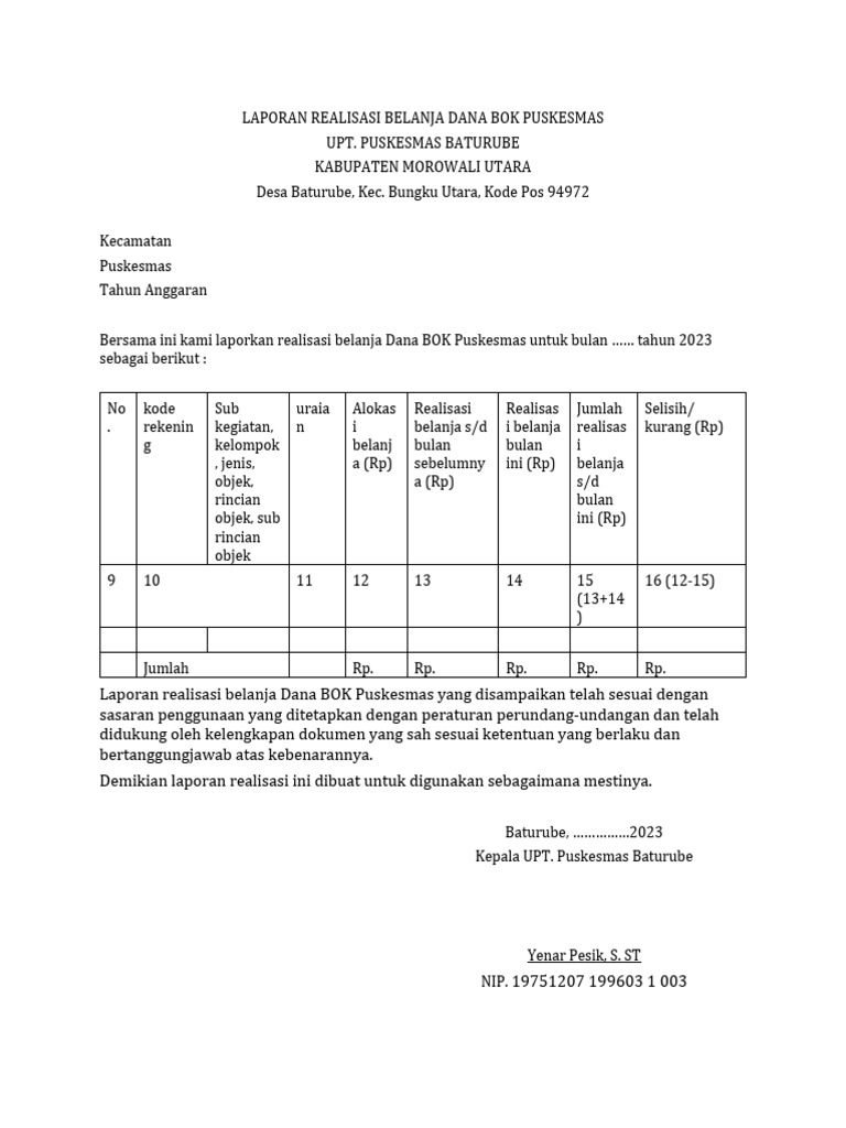 Form 04 Laporan Realisasi Belanja Dana BOK Puskesmas | PDF