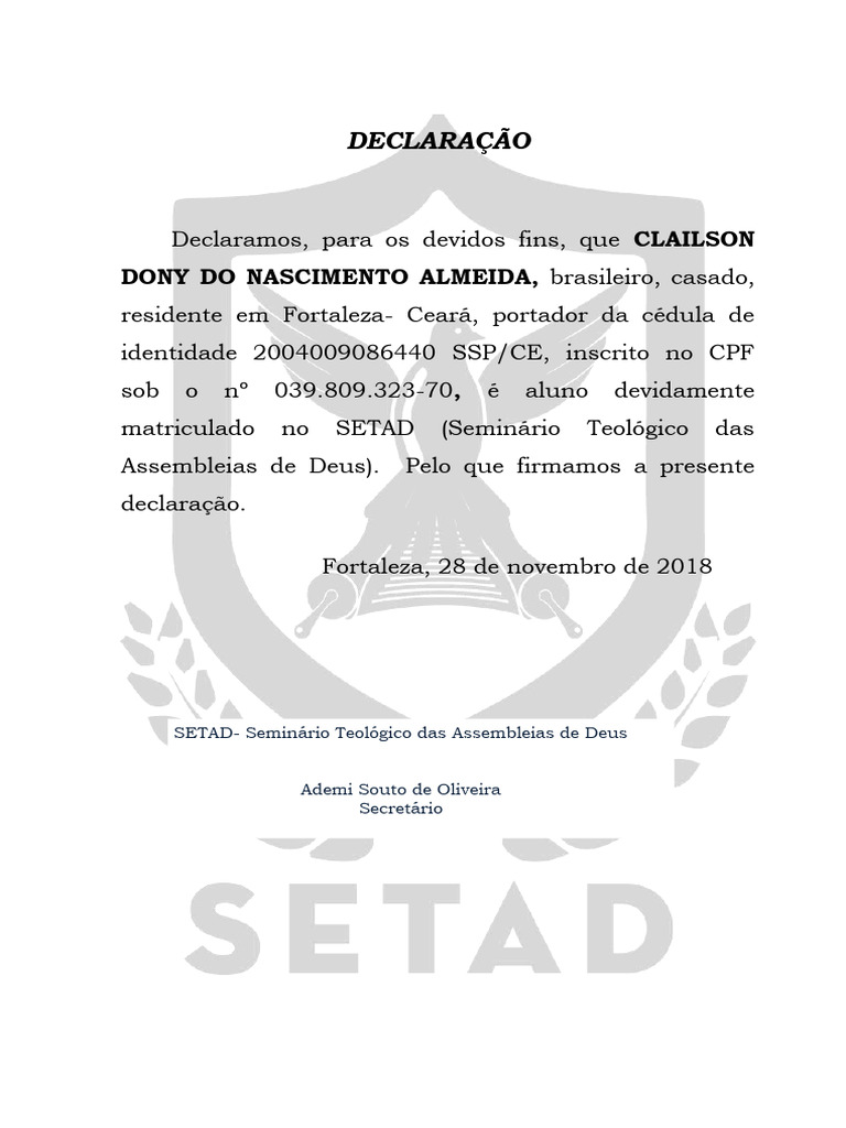Declaração de Matrícula de Aluno SETAD | PDF