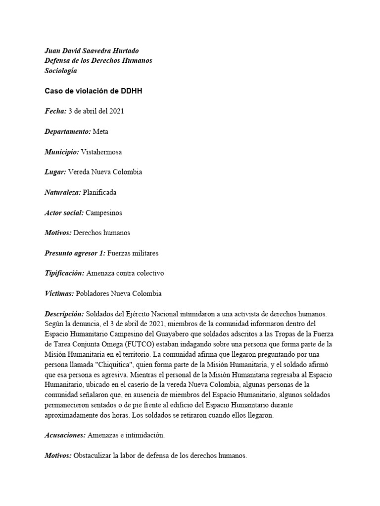 Caso de Violación de DDHH Juan David Saavedra | PDF