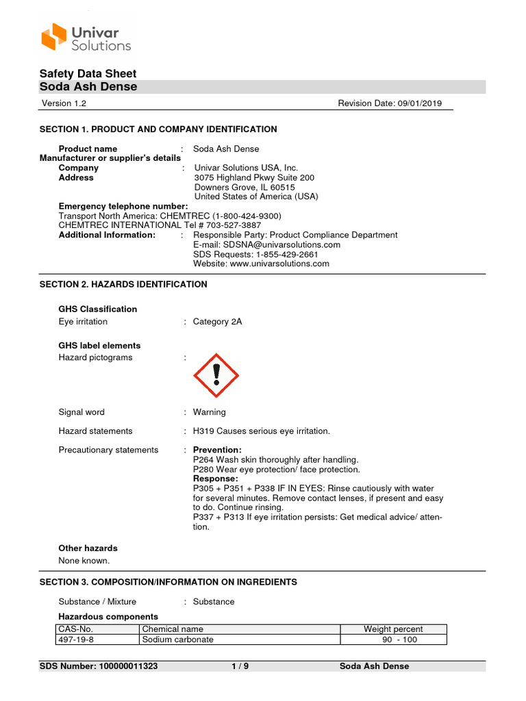 Soda Ash Dense Sds | PDF | Workplace | Occupational Safety And Health