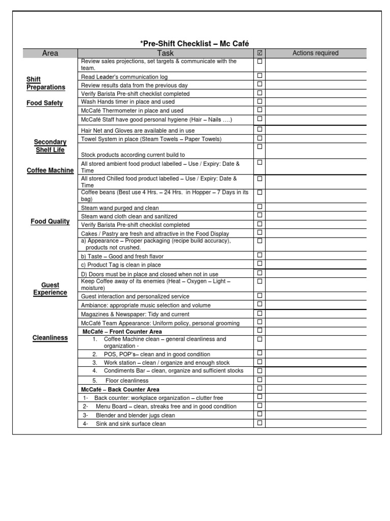 McCafe Pre Shift Checklist | PDF | Coffee | Food And Drink