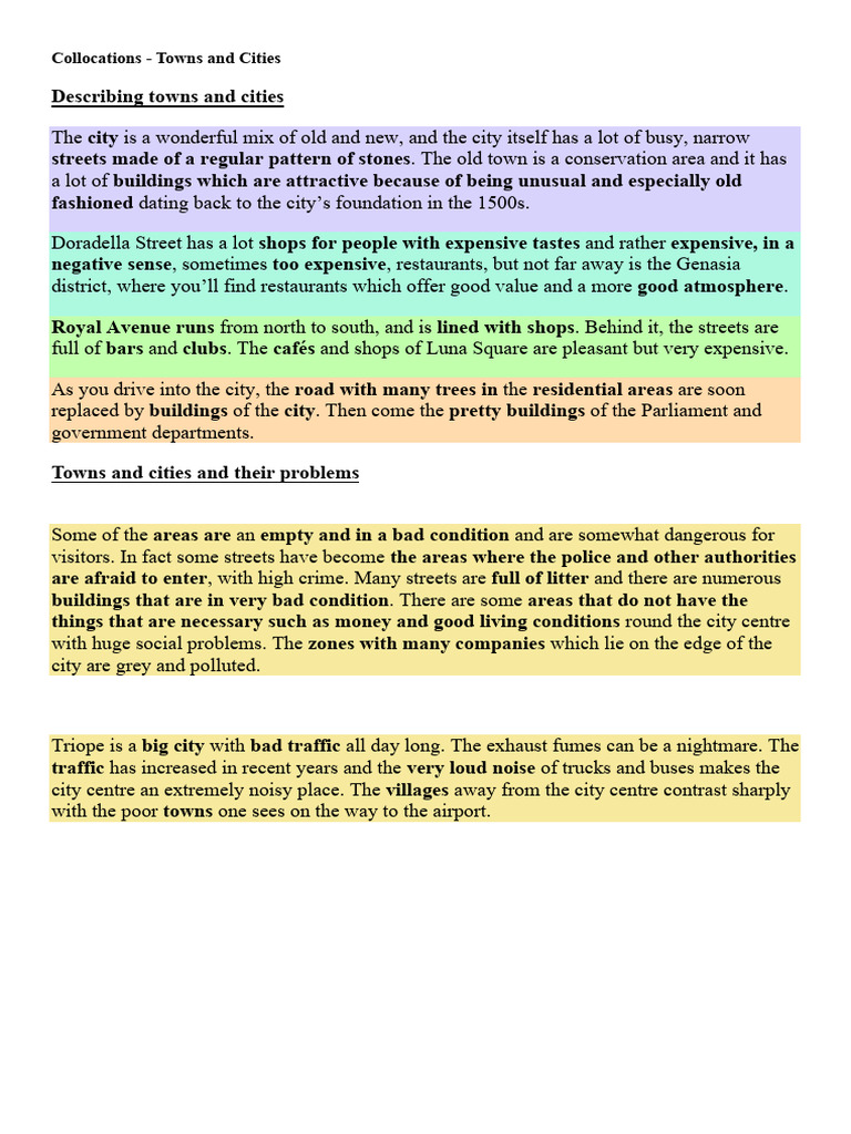 Collocations - Towns and Cities | PDF | Travel