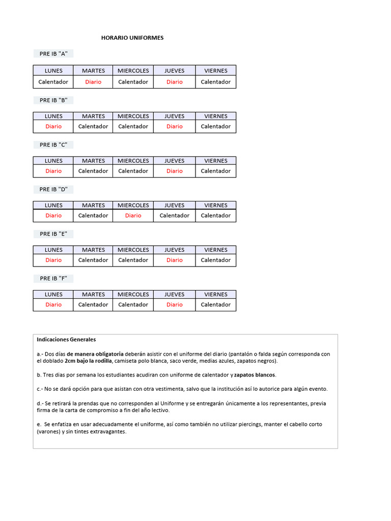 Horario Uniformes PRE IB | PDF