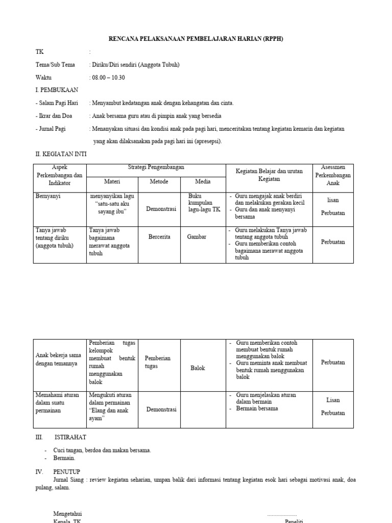 Contoh RPPH Anak Usia Dini | PDF