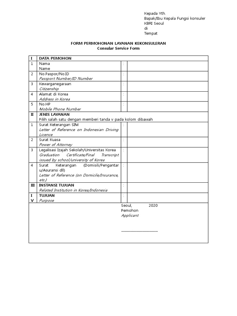 Form Layanan Kekonsuleran KBRI Seoul 2 | PDF