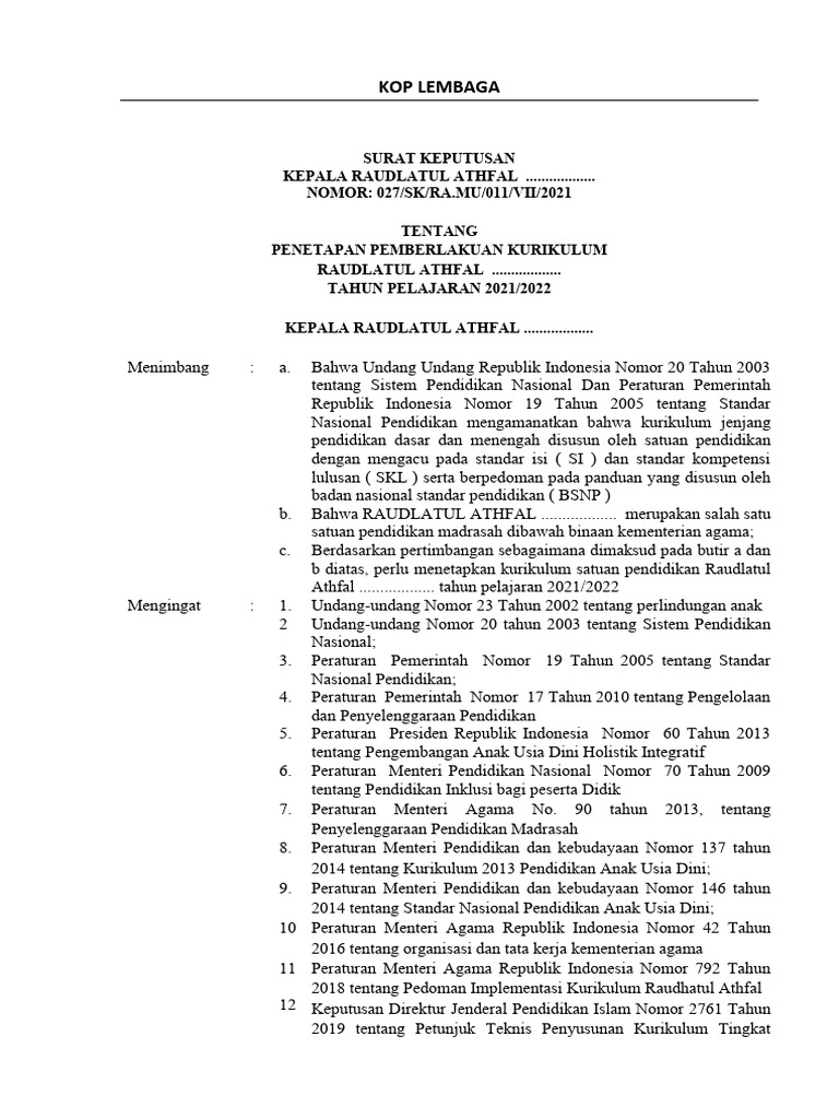 SK Penetapan Pemberlakuan Kurikulum | PDF | Seni | Sains & Matematika