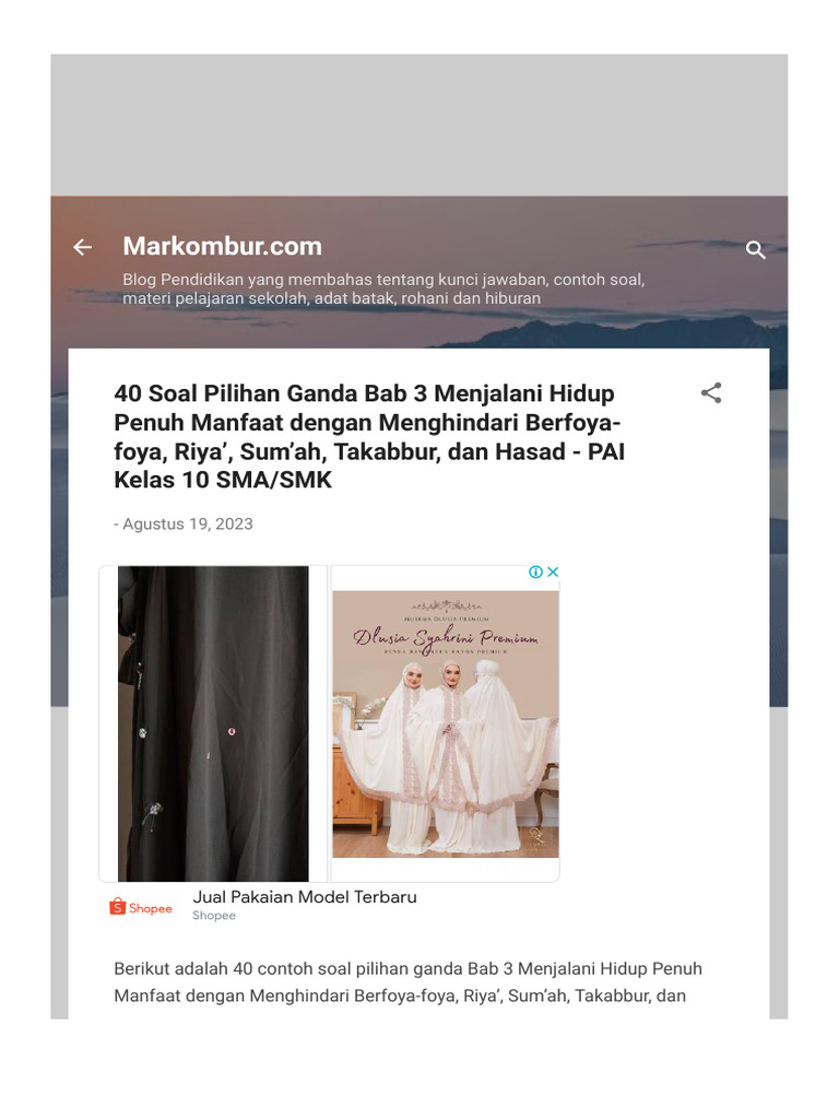 40 Soal Pilihan Ganda Bab 3 Menjalani Hidup Penuh Manfaat Dengan Menghindari Berfoya-Foya, Riya ...