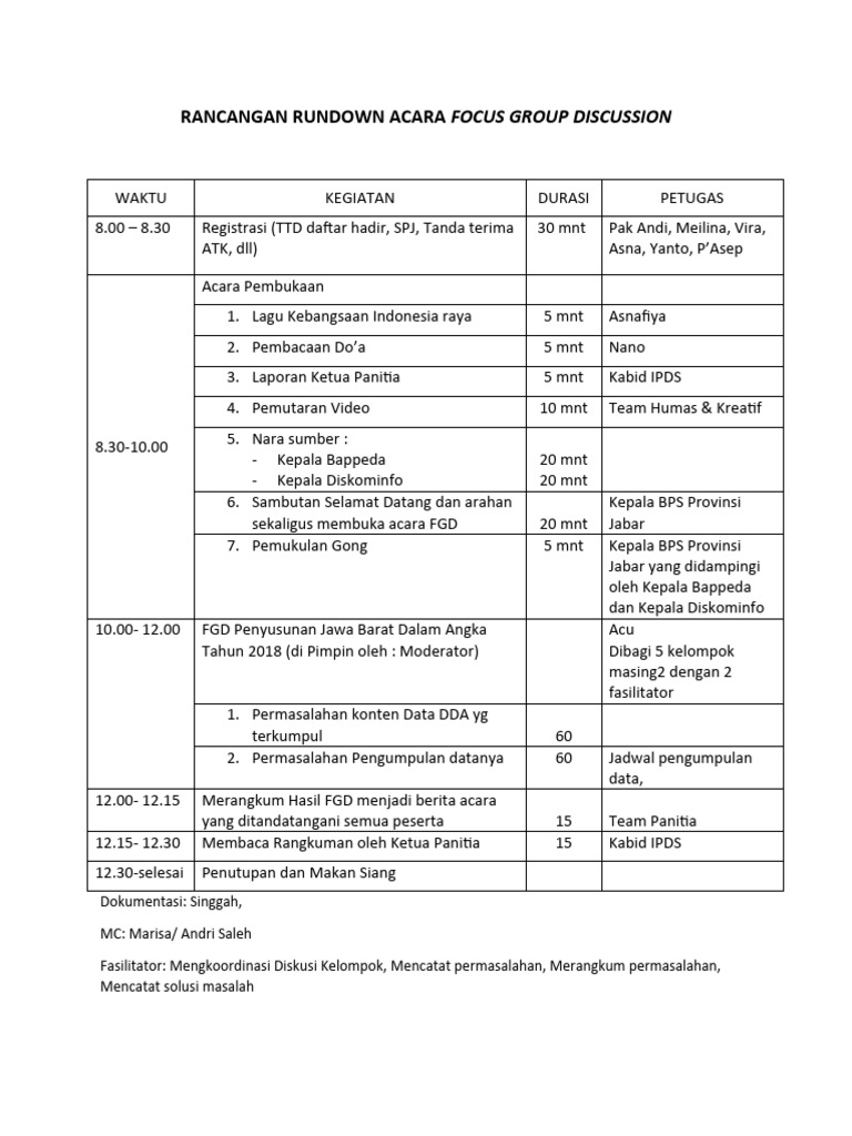 Rancangan Rundown Acara Focus Group Discussion | PDF
