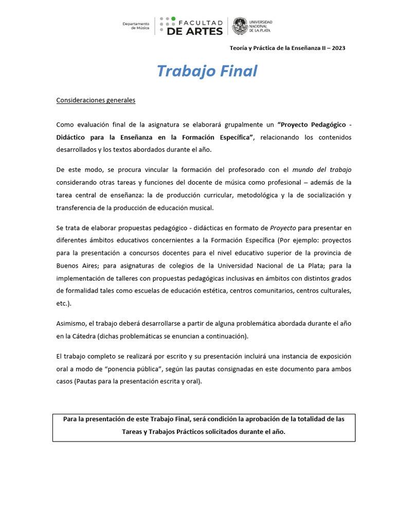Consigna Trabajo Practico Final y Cronograma TyPem II 2023. | PDF | Maestros | Enseñando