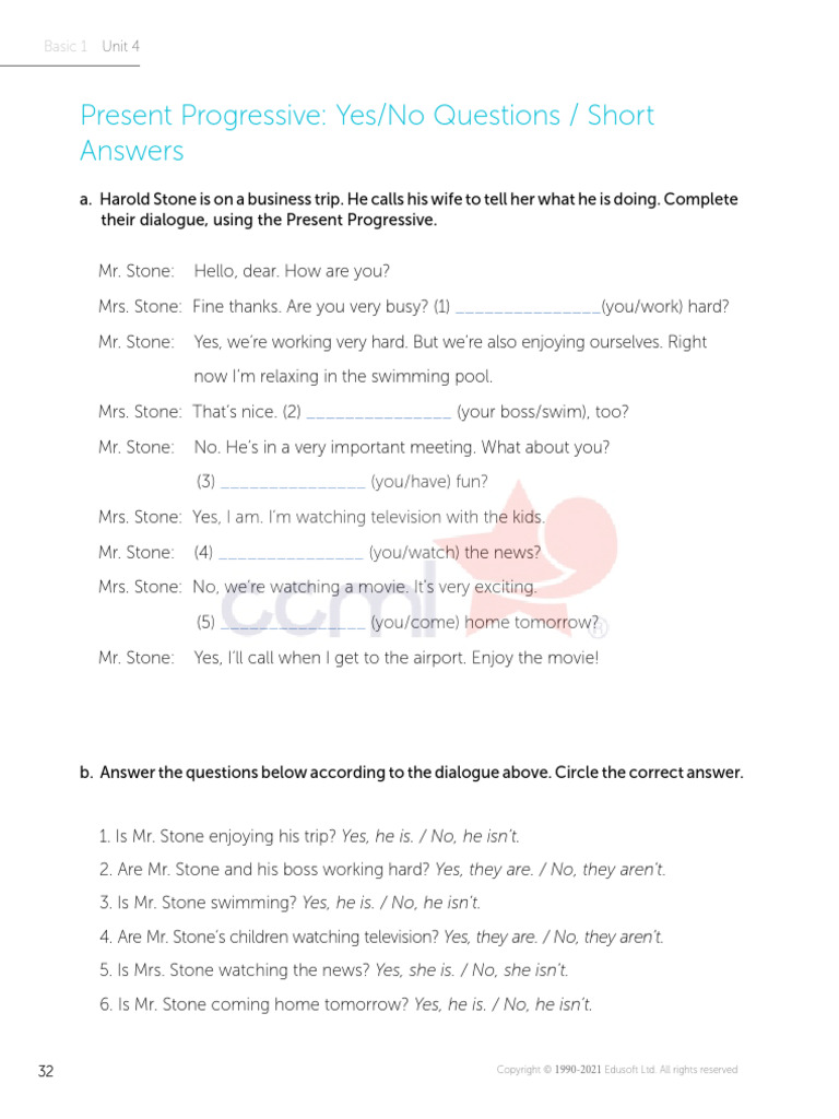 Present Progressive: Yes/No Questions / Short Answers | PDF