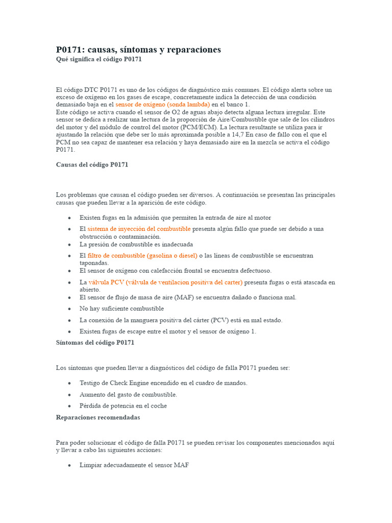 DTC P0171 | PDF | Inyección de combustible | Ingeniería mecánica