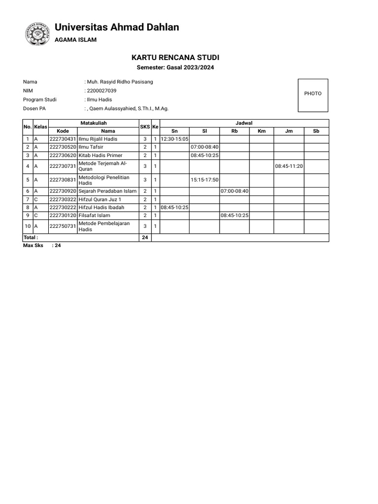 Cetak Kartu Rencana Studi - Portal UAD | PDF
