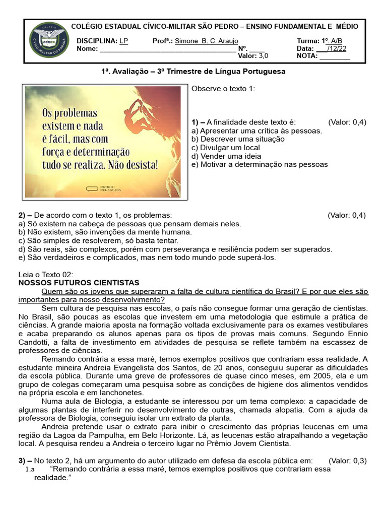 Prova Português 1º | PDF